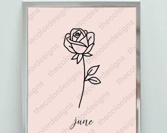 Rose June Birth Flower PRINTABLE Digital Wall Art Minimalist June ...