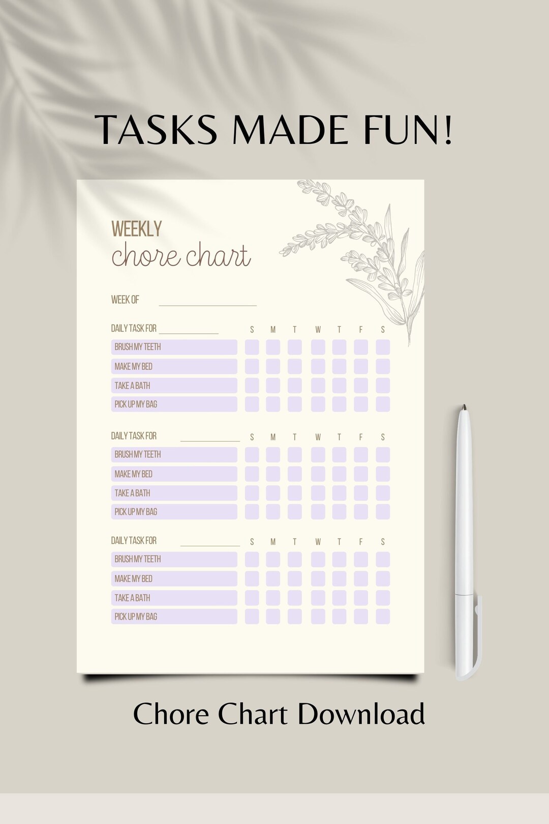 Editable Chore Chart, Weekly Tasks - Etsy