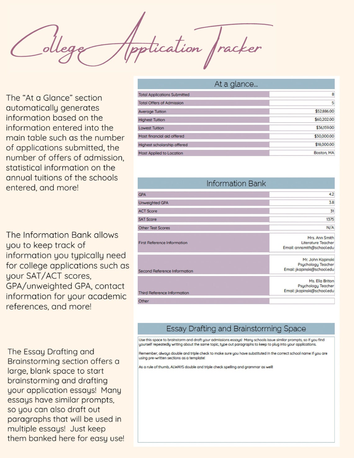 College Application Tracker With Tuition Comparison, College ...