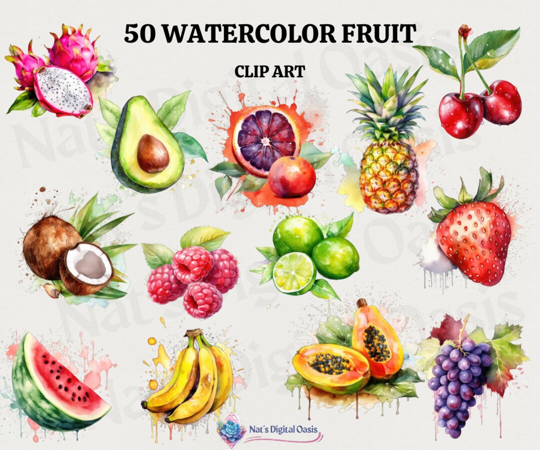 Watercolor Fruit Clipart Transparent PNG 10x10 Inches 300 - Etsy
