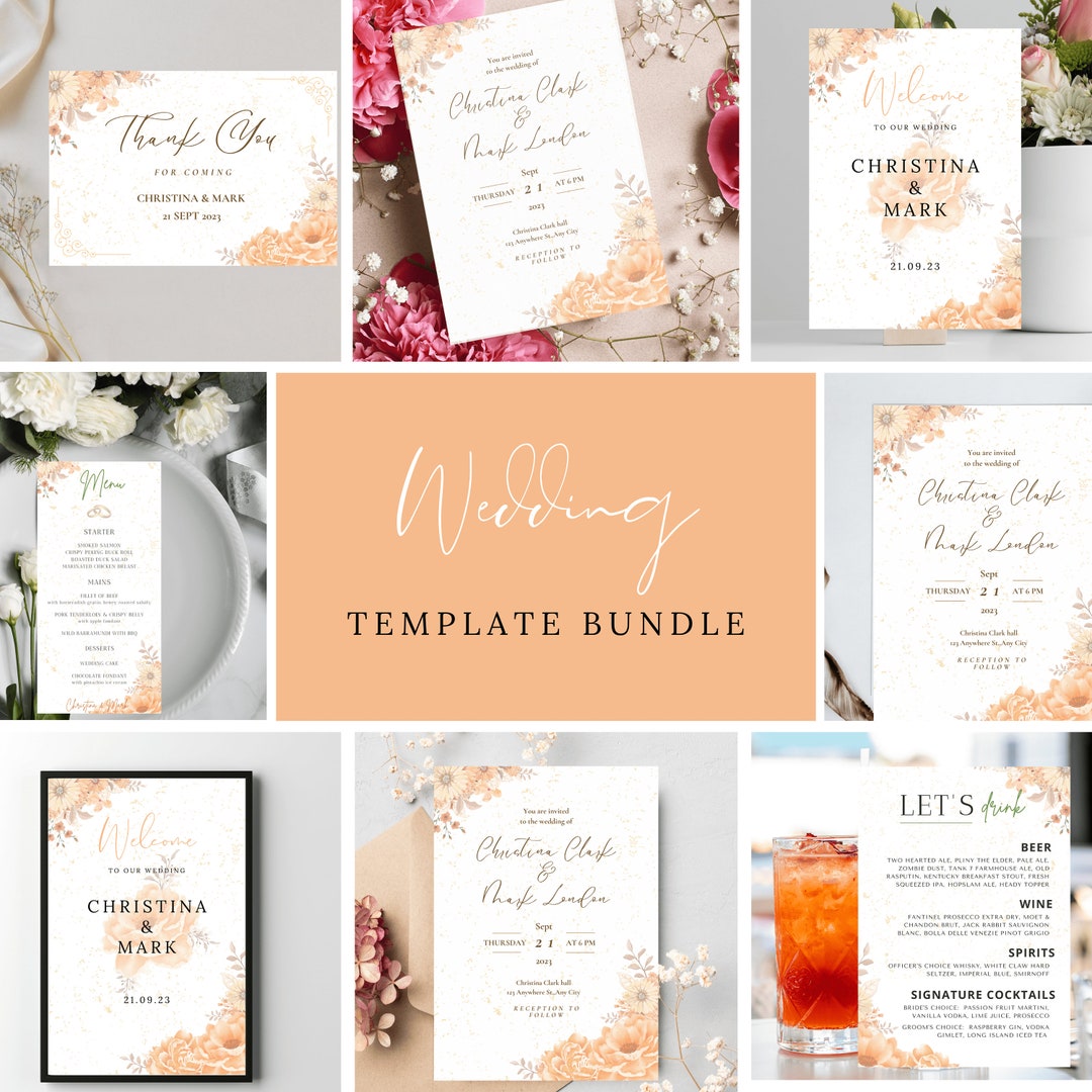 Simple Wedding Template Bundle, Floral Wedding Template, Diy Wedding Stationary Kit, Wedding ...