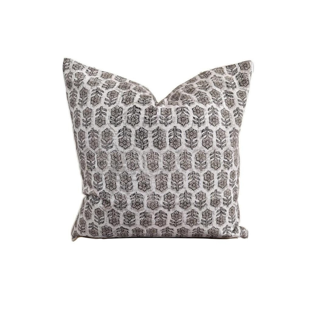 Neutral Block Print Floral Pillow Cover | 100% Cotton | Handblock Black ...