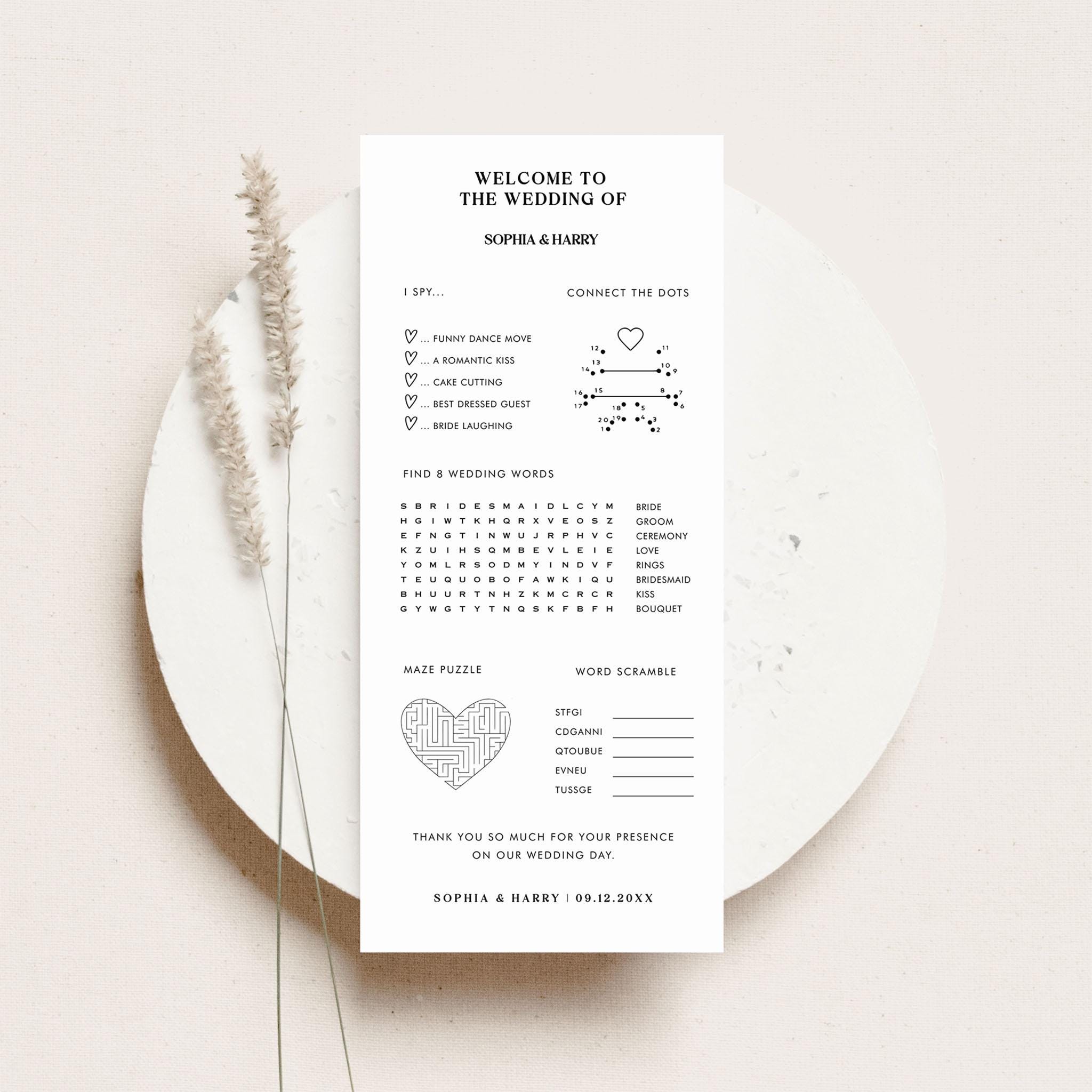 Editable Menu Dinner Card With Activity Games for Guests, Simple ...