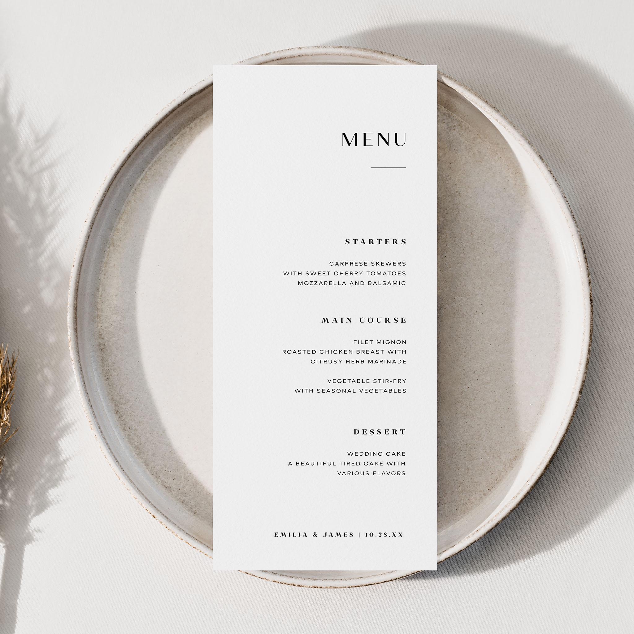 Simple Menu Dinner Template, Minimalist DIY Wedding Buffet Card ...