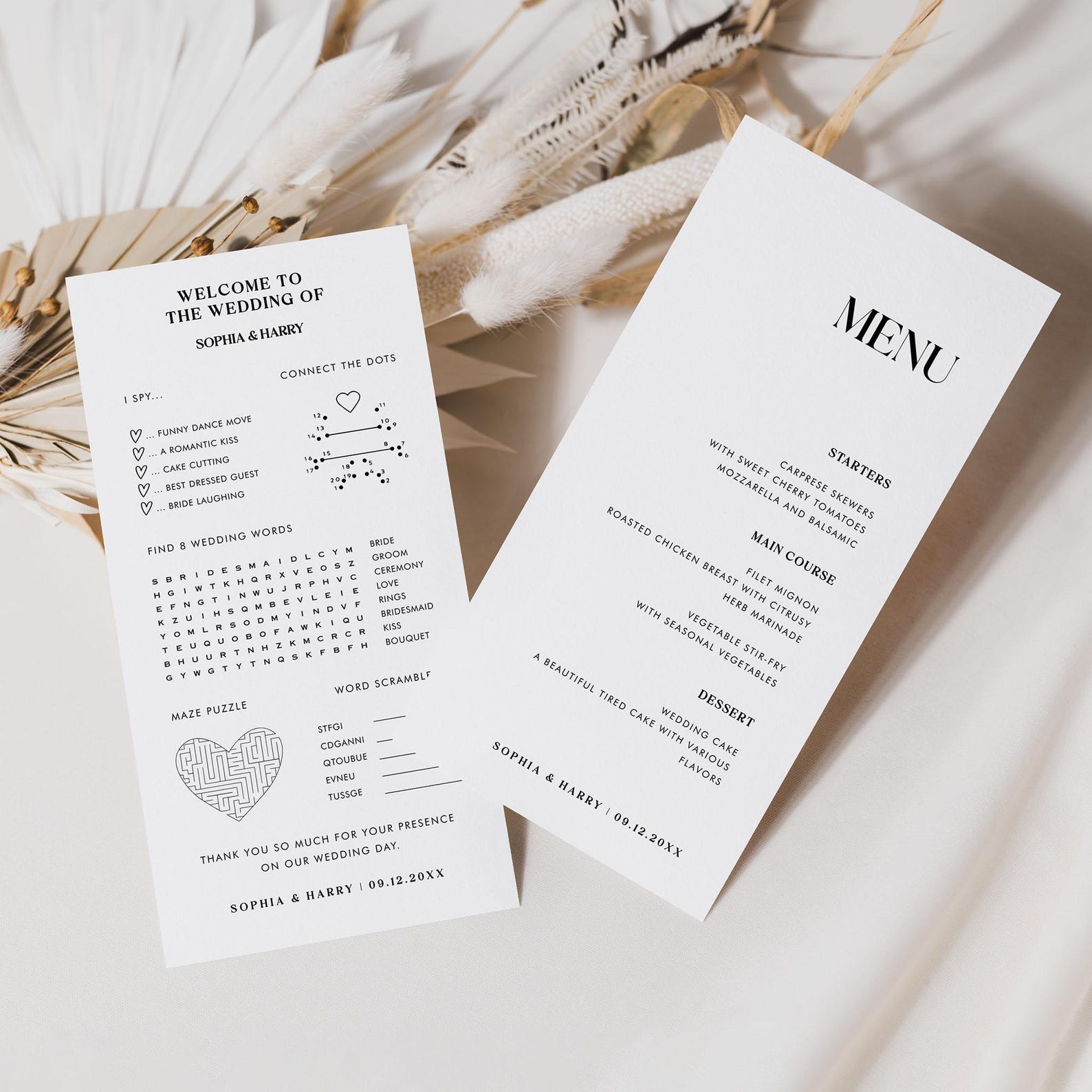 Editable Menu Dinner Card With Activity Games for Guests, Simple ...