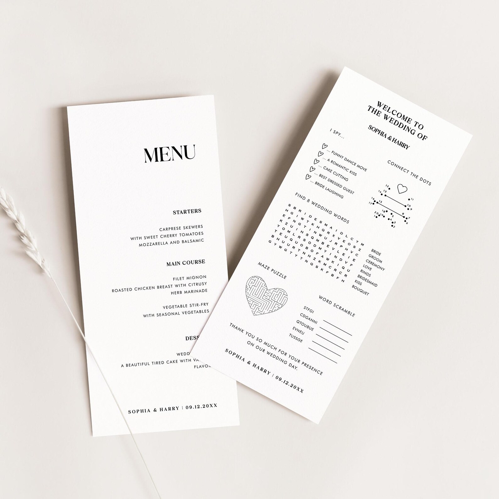 Editable Menu Dinner Card With Activity Games for Guests, Simple ...