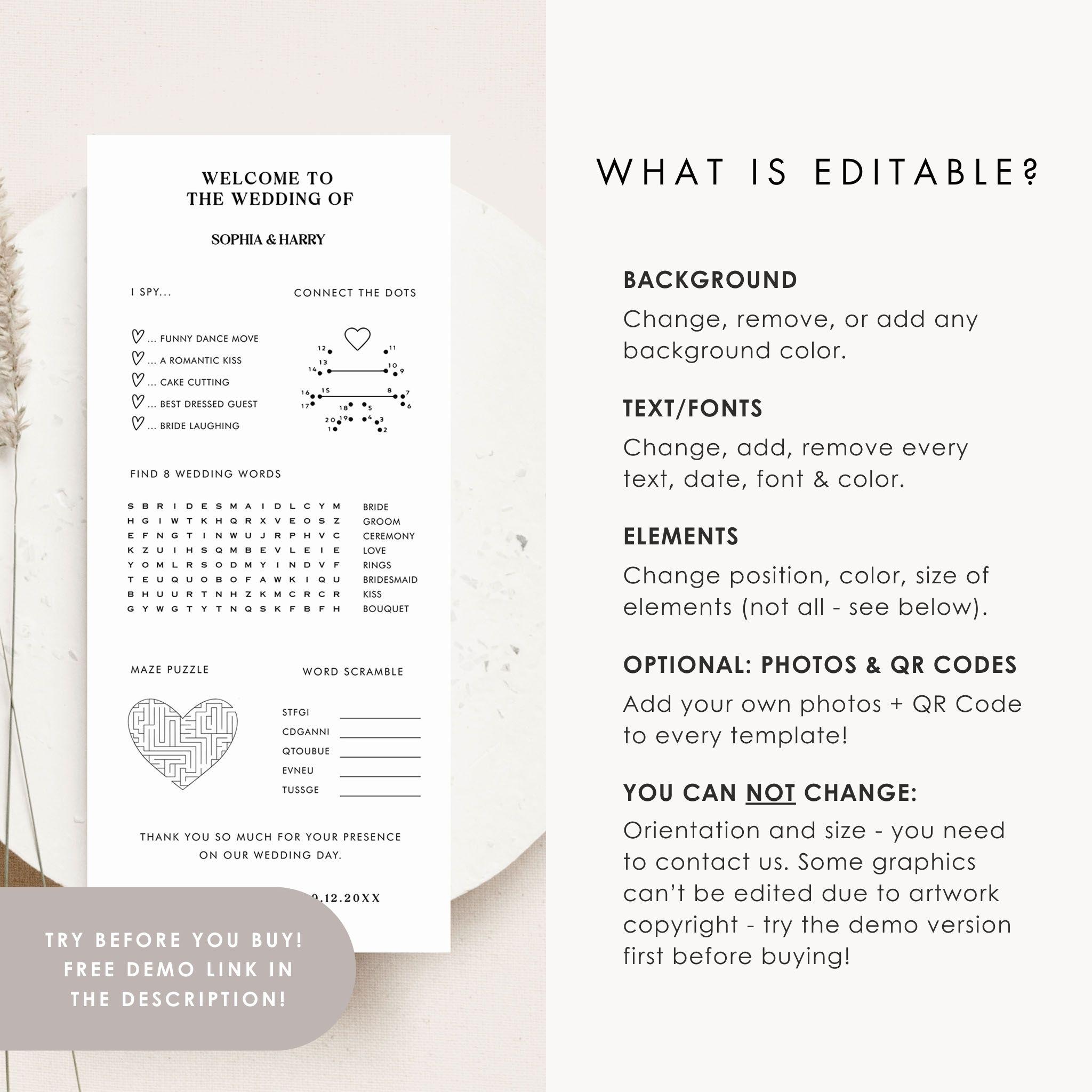 Editable Menu Dinner Card With Activity Games for Guests, Simple ...