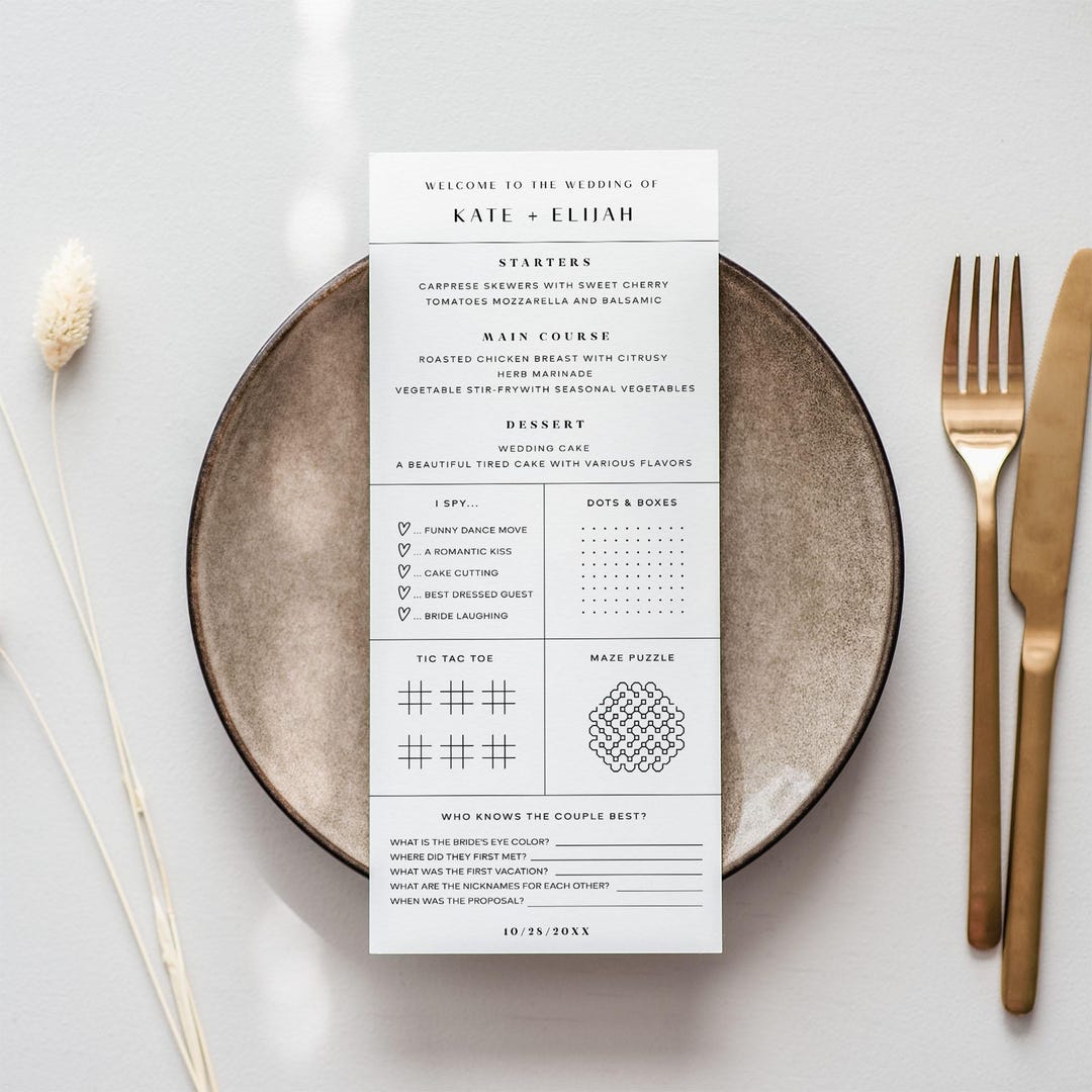 Modern Wedding Menu Game Sheet Template, Table Games for Adults ...