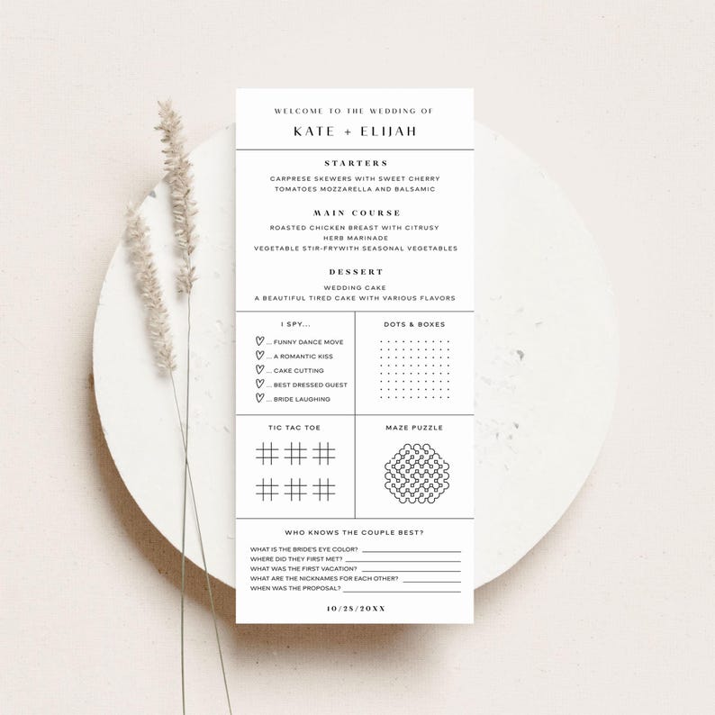 Modern Wedding Menu Game Sheet Template, Table Games for Adults ...