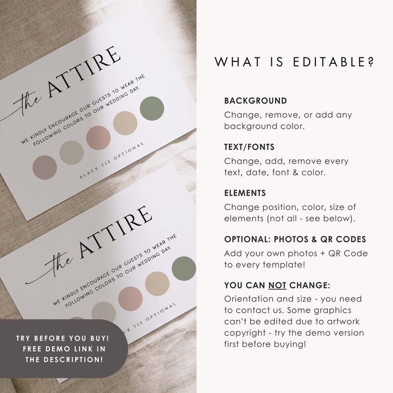 Editable Wedding Dress Code Insert Card, Modern Attire Card for Guests ...