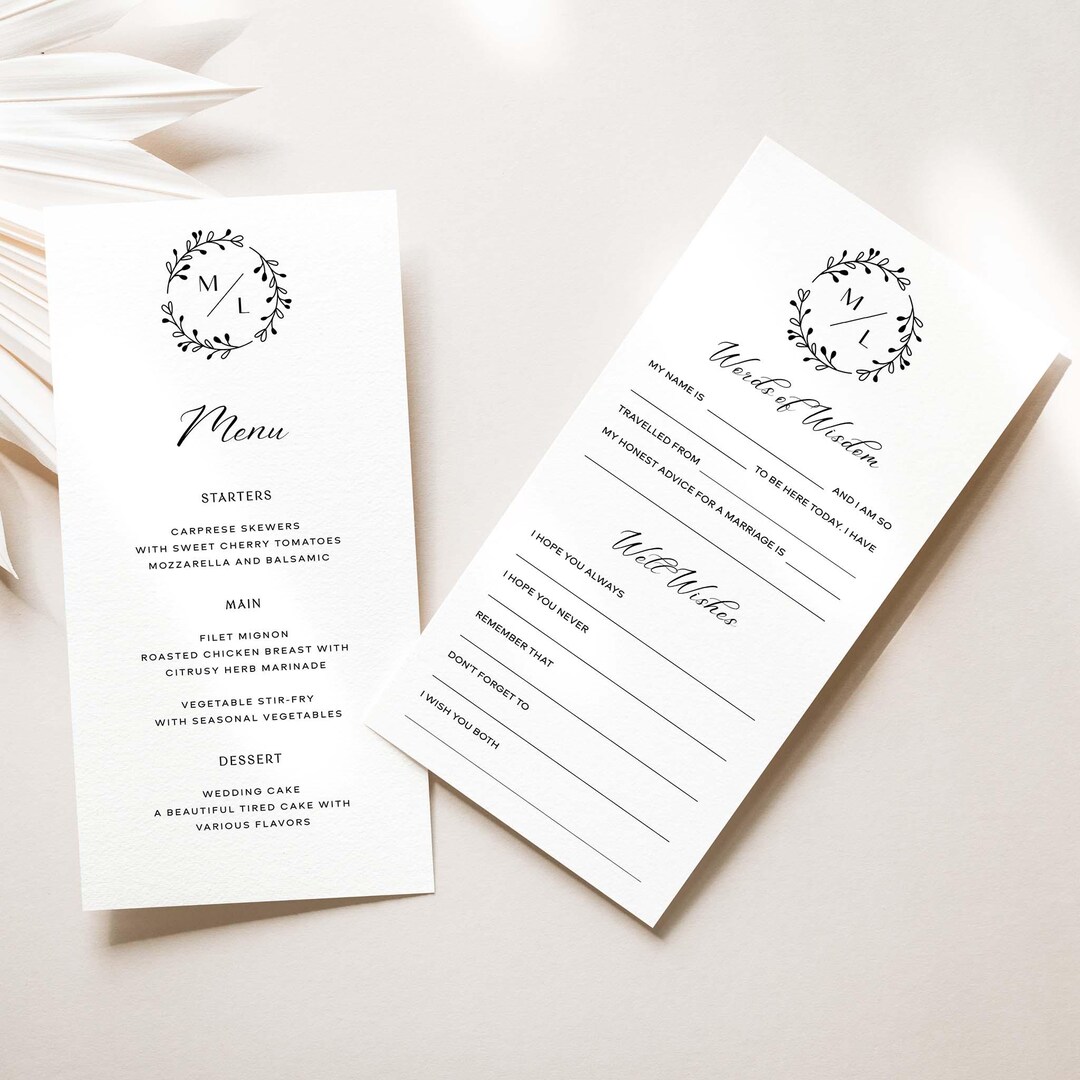 Elegant Monogram Wedding Menu With Words of Wisdom, Unique Two in One ...
