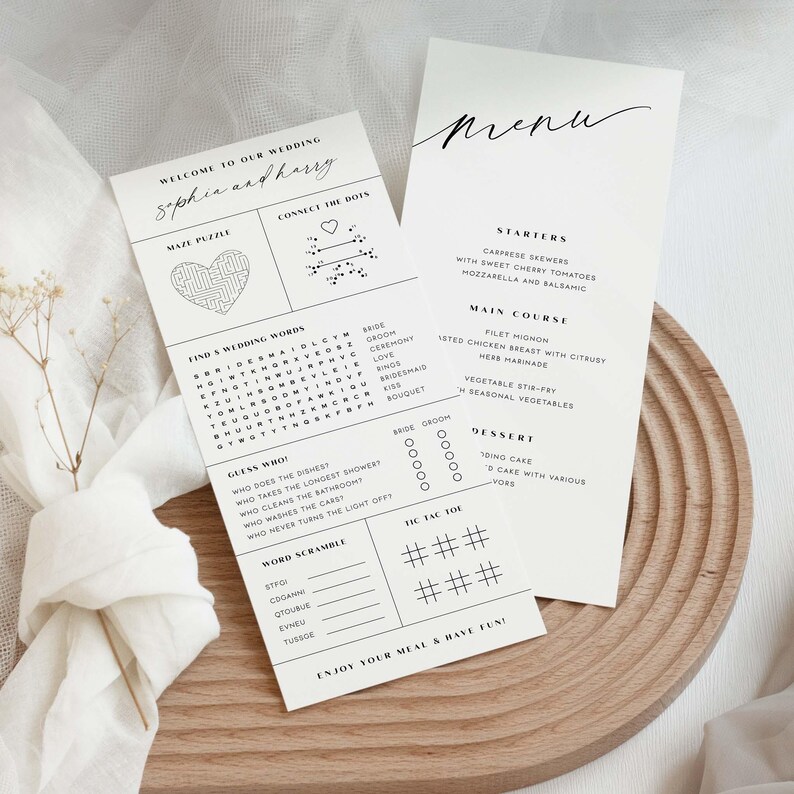 Modern Wedding Menu Activity Game Sheet, Editable DIY Dinner Card With ...