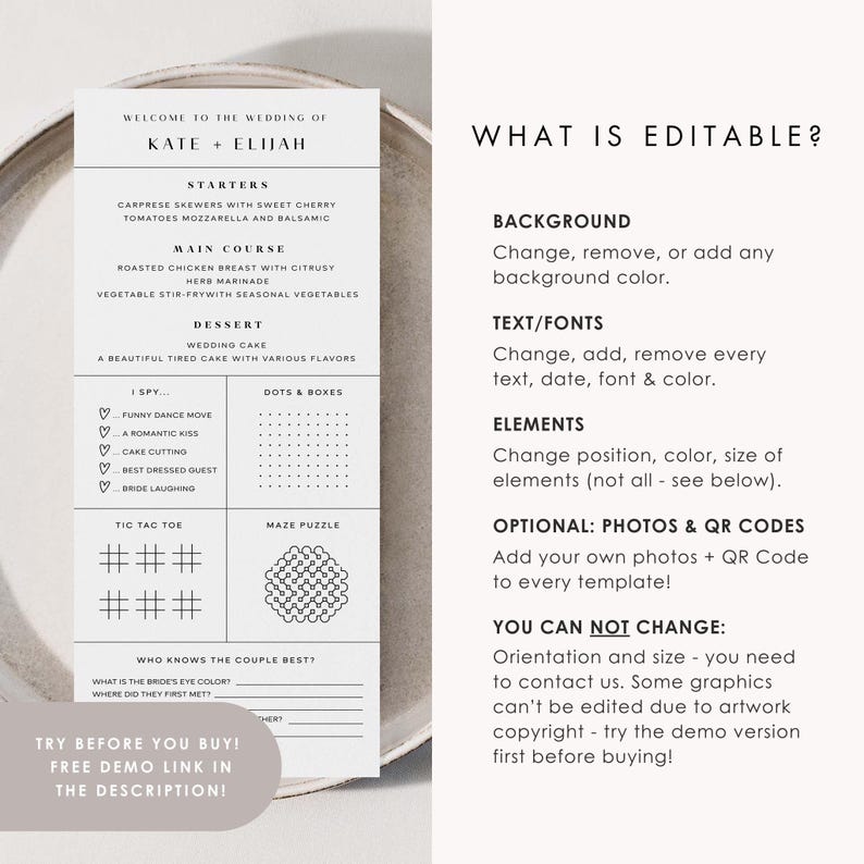 Modern Wedding Menu Game Sheet Template, Table Games for Adults ...