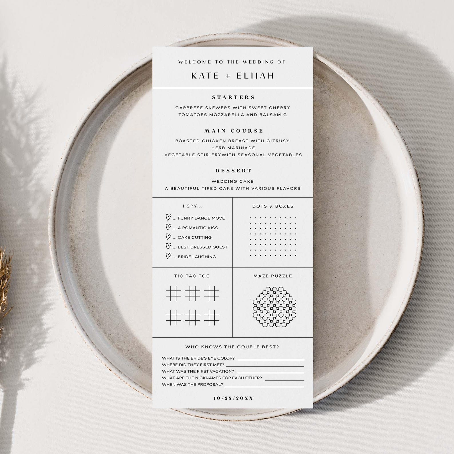 Modern Wedding Menu Game Sheet Template, Table Games for Adults ...