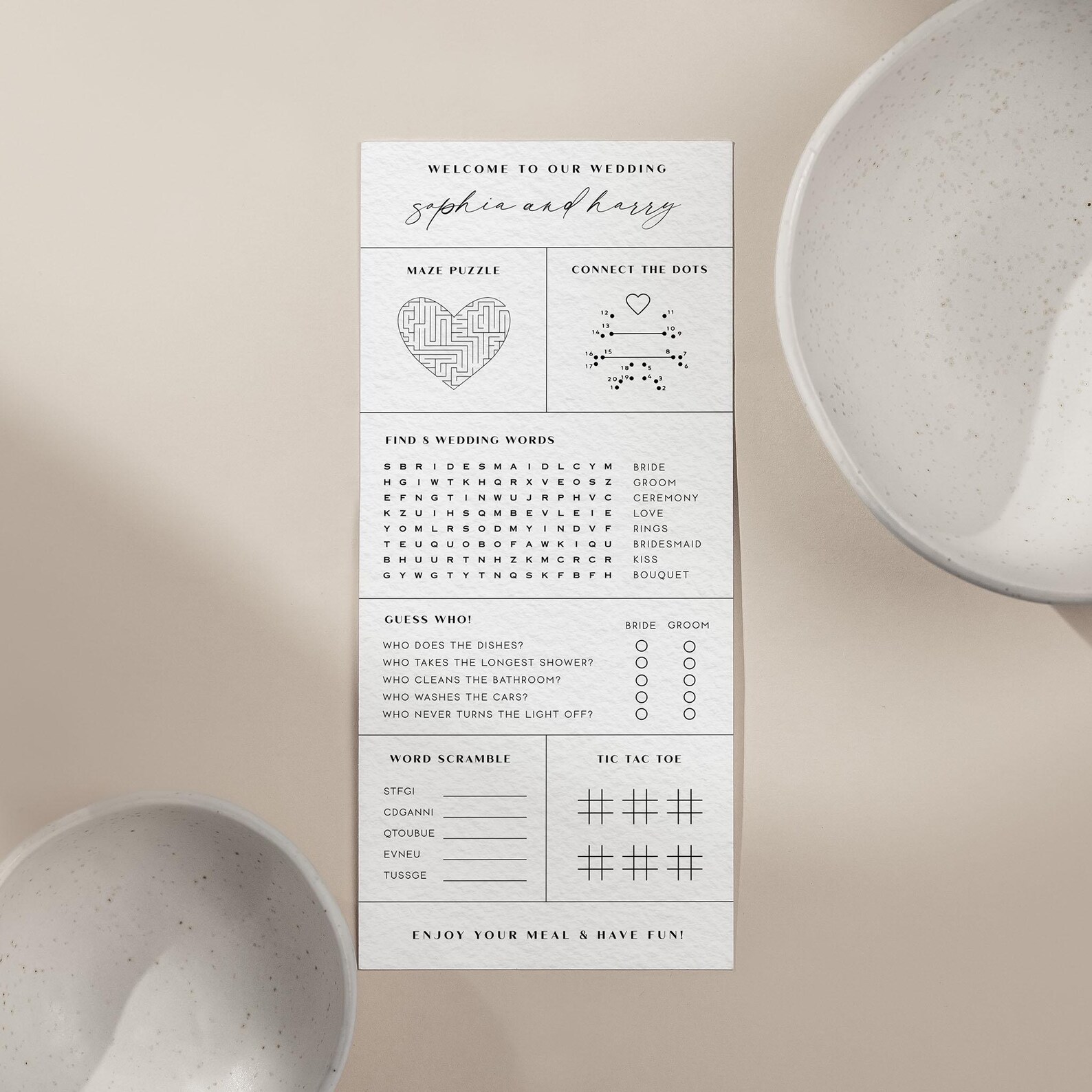 Modern Wedding Menu Activity Game Sheet, Editable DIY Dinner Card With ...