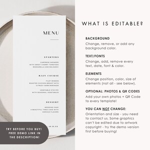 Simple Menu Dinner Template, Minimalist DIY Wedding Buffet Card ...
