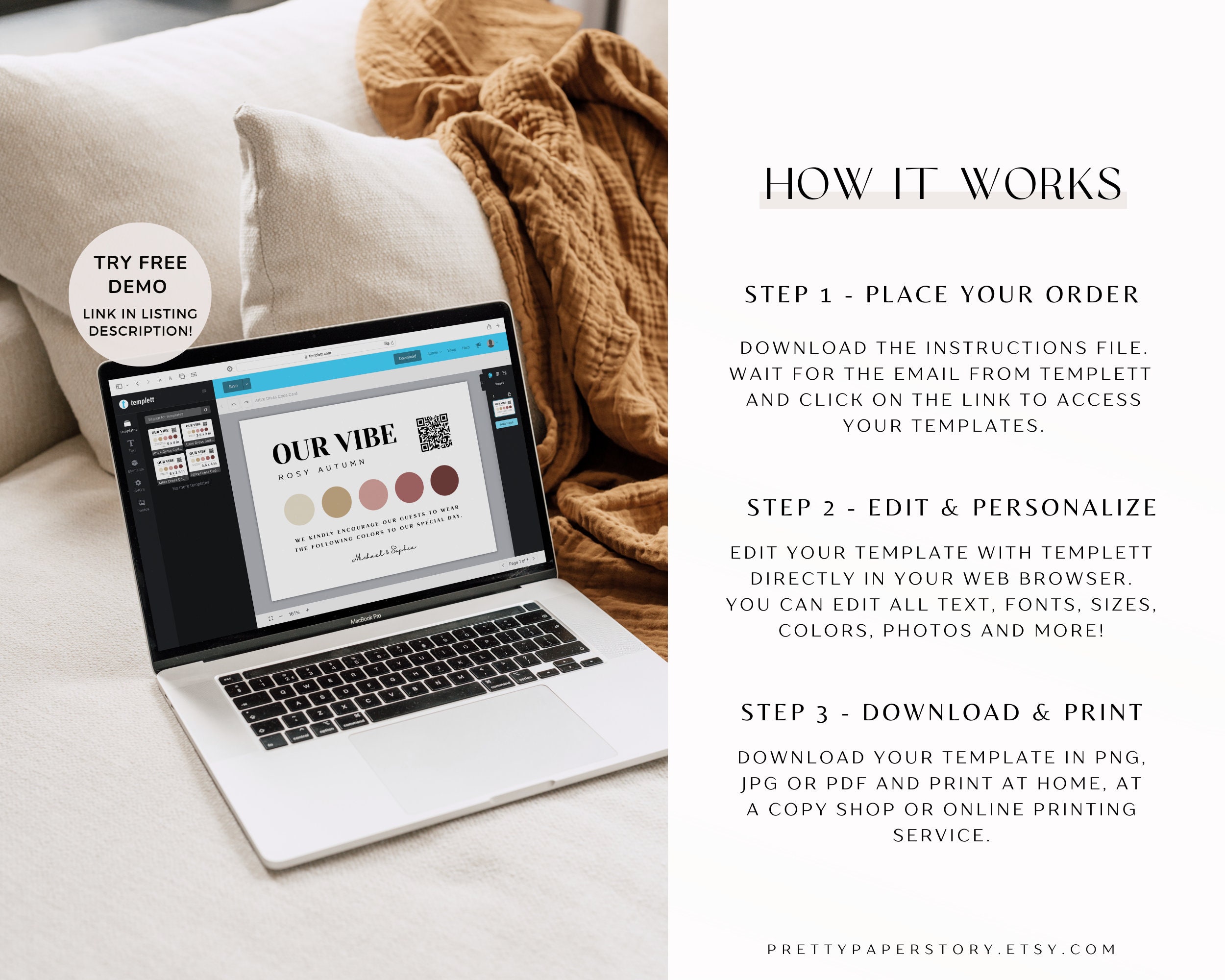 Boho Wedding Attire Card With QR Code, Color Palette Insert Card for ...