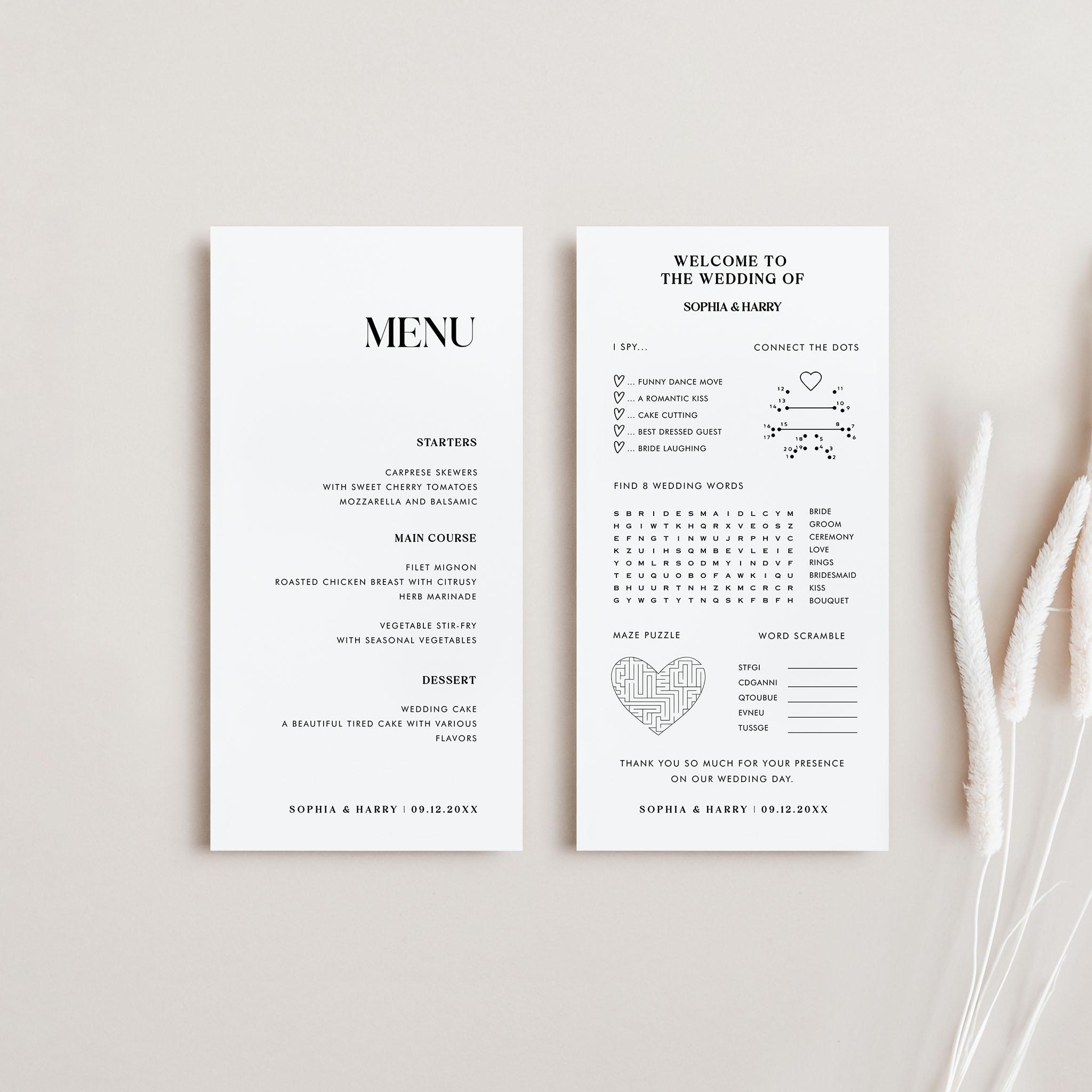 Editable Menu Dinner Card With Activity Games for Guests, Simple ...