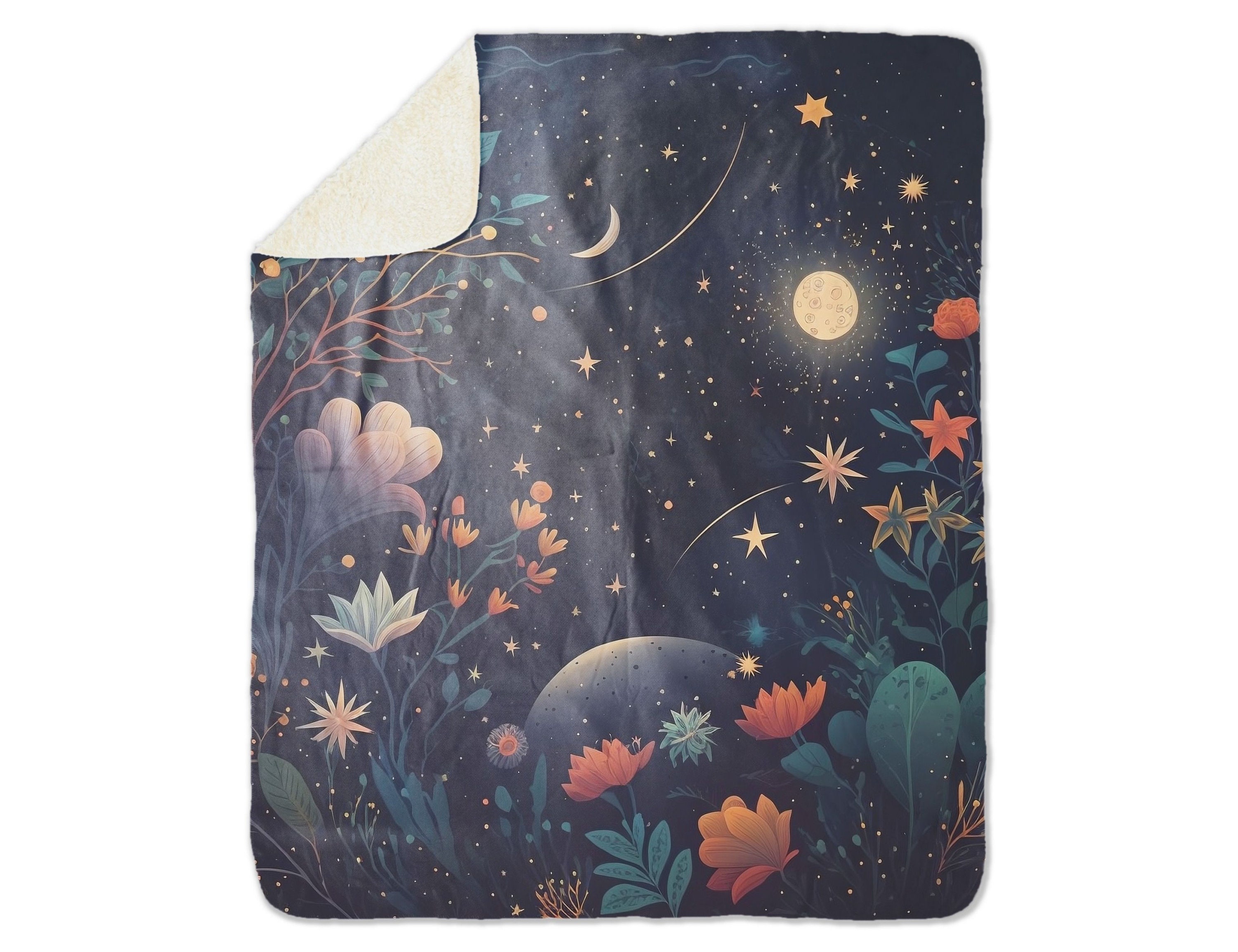 Celestial Blanket, Moon and Stars Blanket, Floral Night Sky Blanket ...