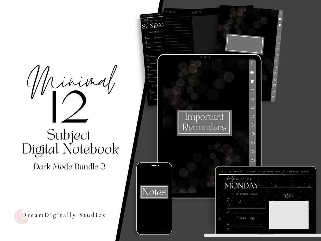 Minimal 12 Subject Digital Notebook Dark Mode Bundle Hyperlinked ...
