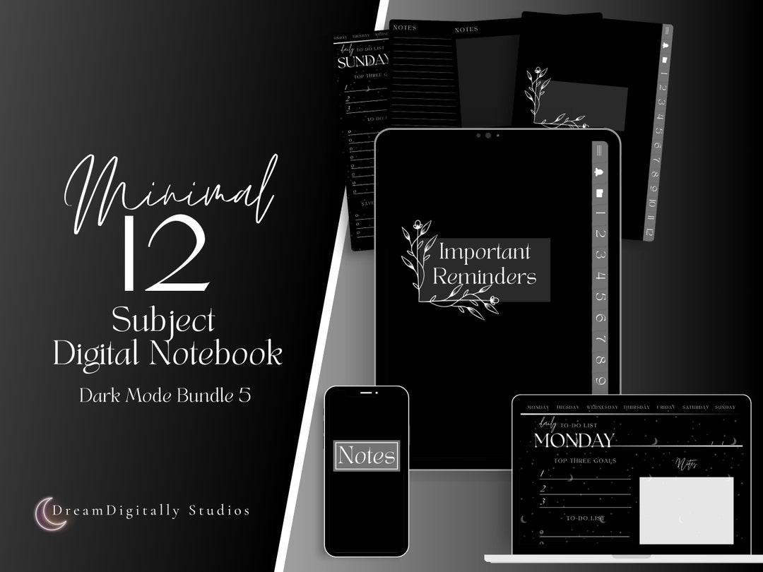 Minimal Dark Mode Digital Notebook: 12-subject Hyperlinked Planner ...