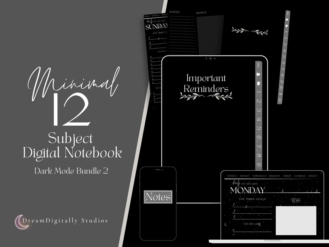 Digital Notebook 12 Subject Dark Mode Notebook Hyperlinked Goodnotes ...
