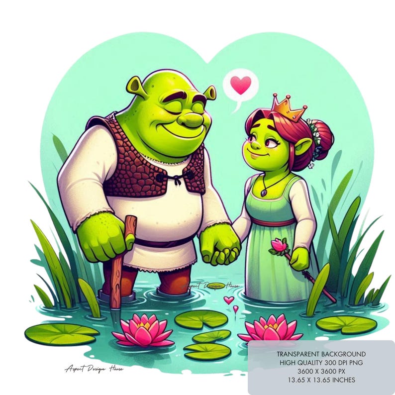 3 Shrek and Fiona Chibi PNG, Kids Valentine's Day PNG, Sublimation ...