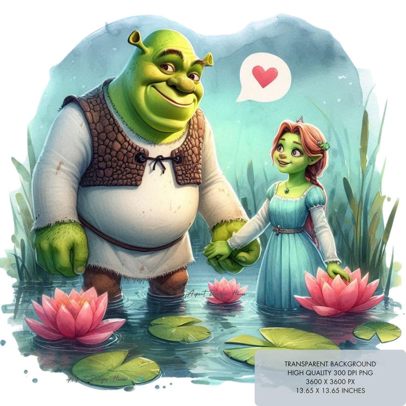 3 Shrek and Fiona Chibi PNG, Kids Valentine's Day PNG, Sublimation ...