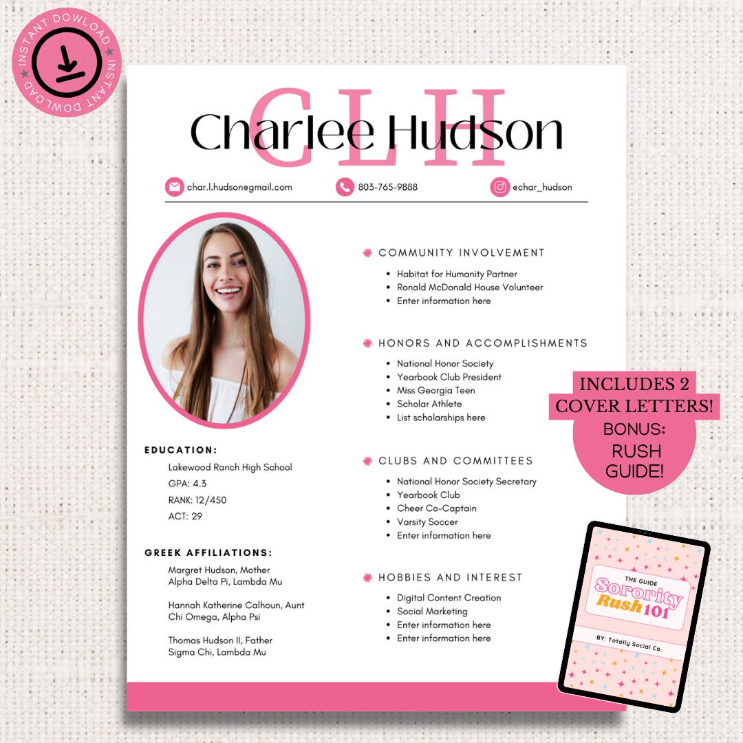 Sorority Resume, Modern Resume, Rush Resume Template, Resume With Photo ...