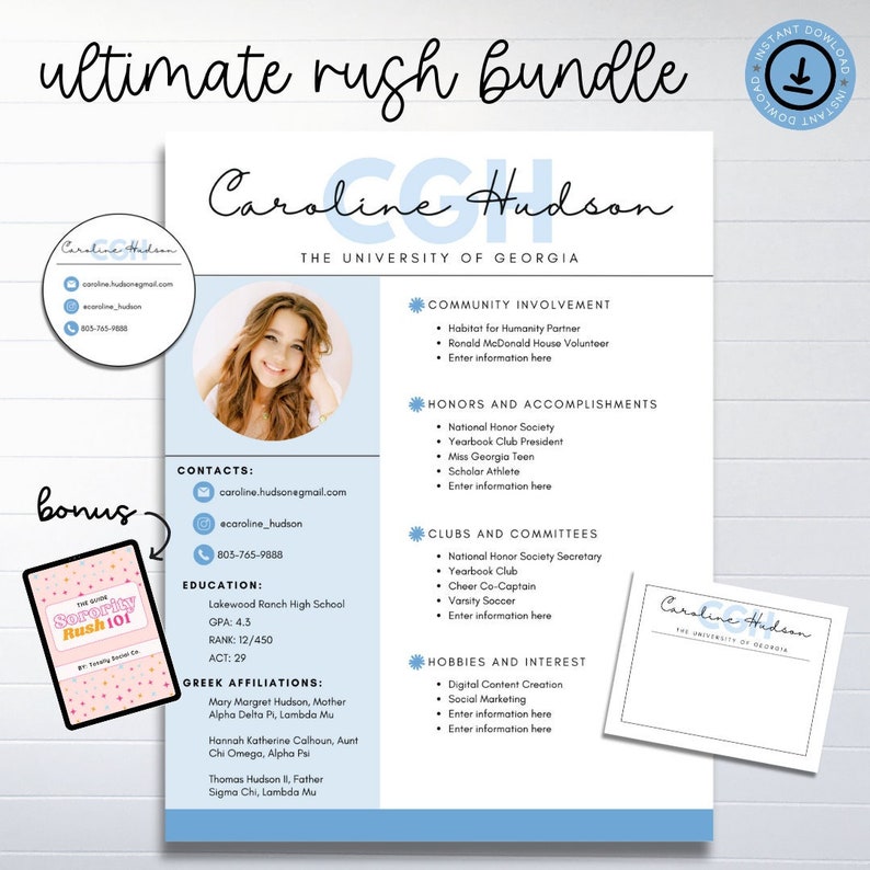 Sorority Resume Template, Sorority Rush Pack, College Resume Template ...