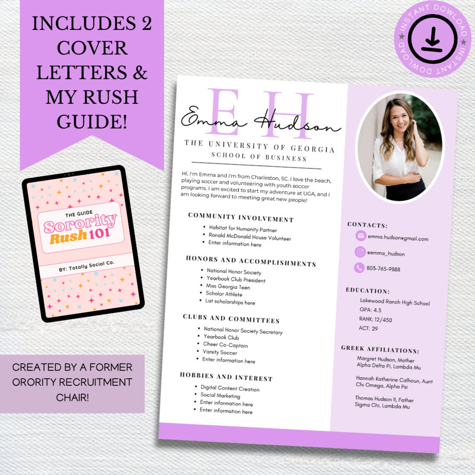 Sorority Resume, Resume With Photo, Rush Resume Template, Canva Resume ...