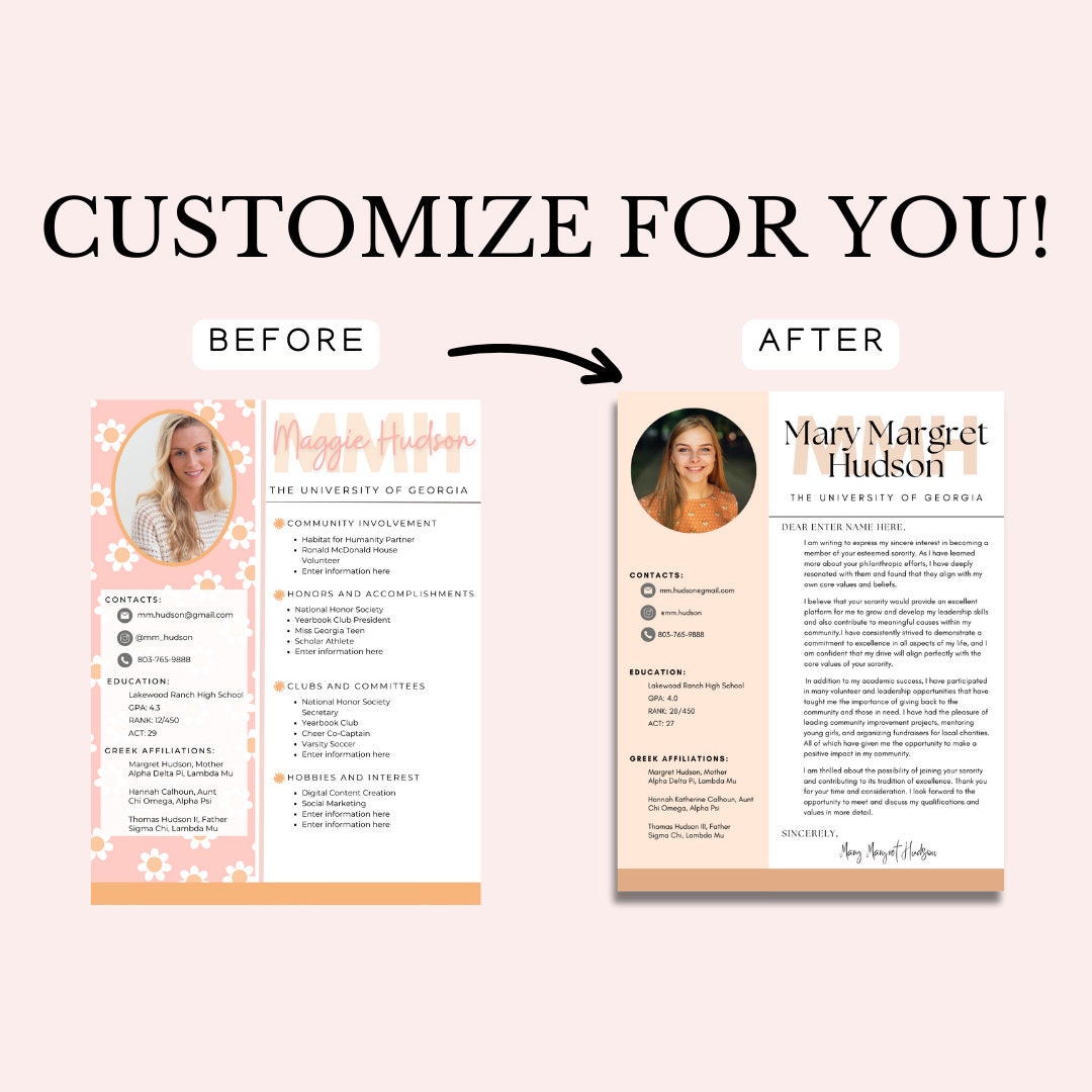 Sorority Resume Template, Rush Resume, Resume With Photo, Modern Resume ...