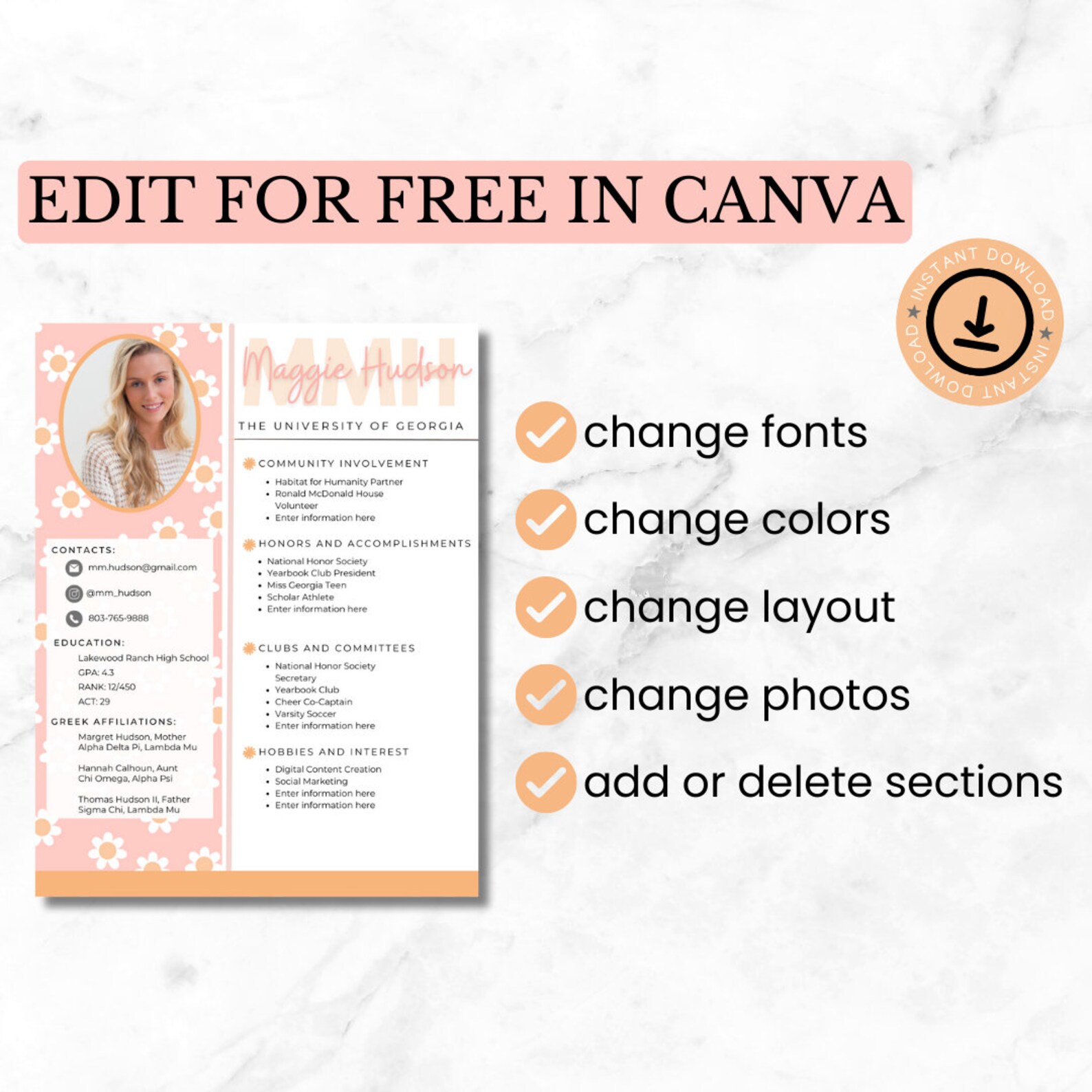 Sorority Resume Template, Rush Resume, Resume With Photo, Modern Resume ...