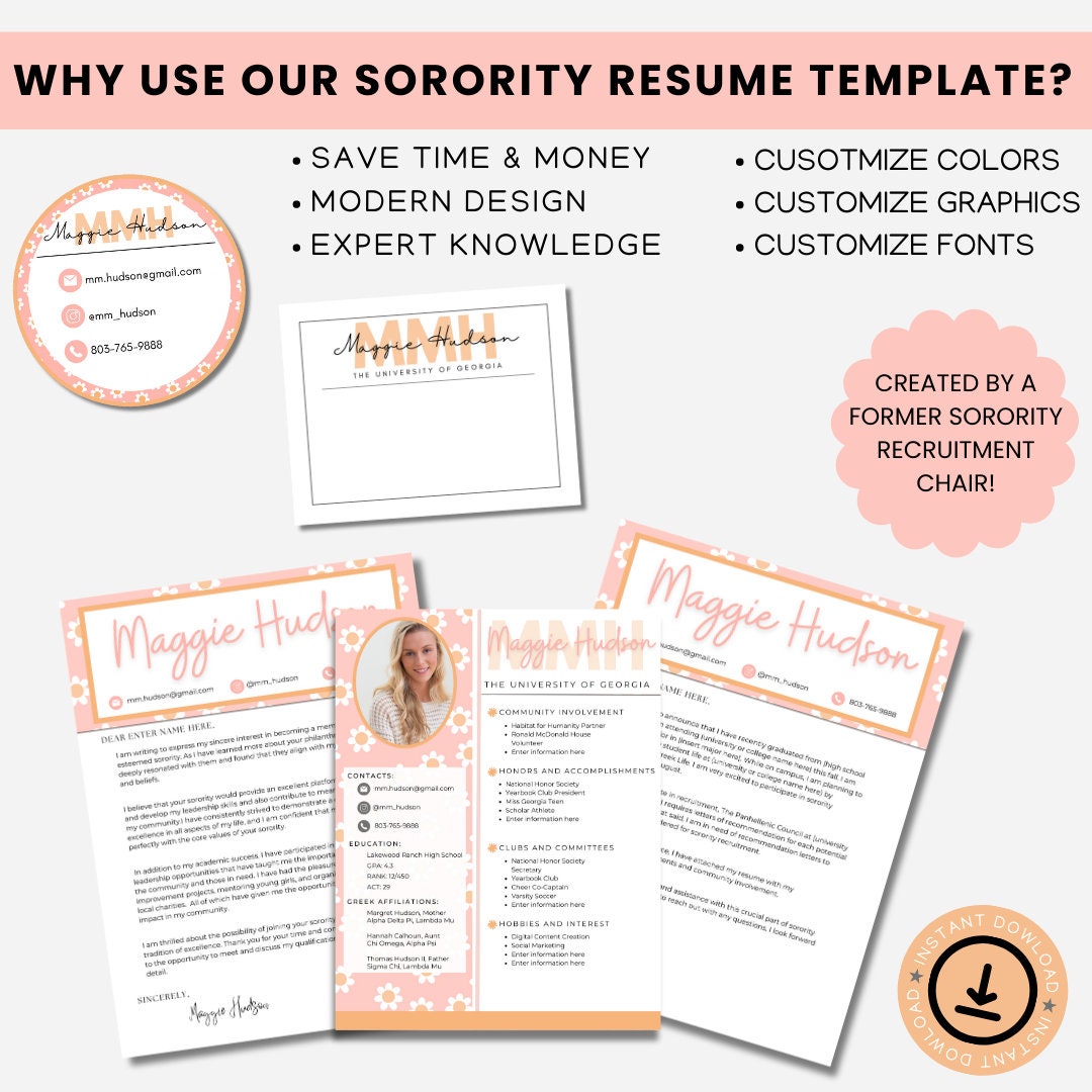 Sorority Resume Template, Rush Resume, Resume With Photo, Modern Resume ...