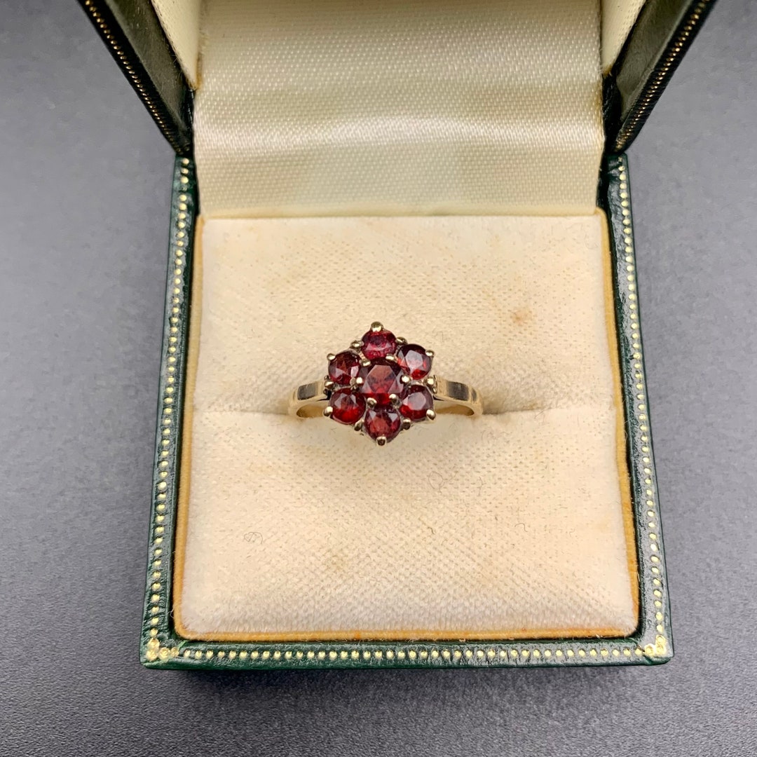 Vintage 9ct Gold Garnet Cluster Ring, Size M 1/2, 80s, Birthday Present ...