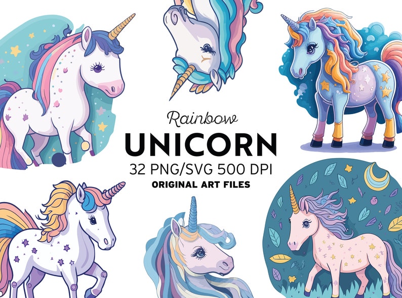 Rainbow Unicorn 32pc PNG and SVG Bundle, Unicorn Png, Unicorn Svg ...