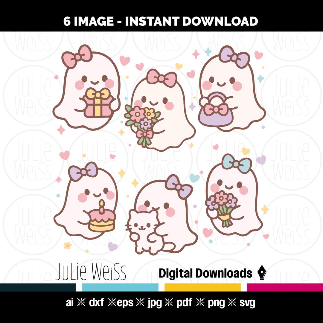 Pastel Kawaii Ghost Clipart Set: Girly Halloween SVG PNG (digital ...