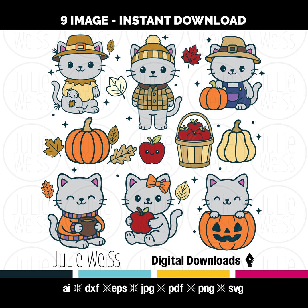 Kawaii Fall Cat Clipart Set, Cute Autumn Cats With Pumpkins, Apples ...