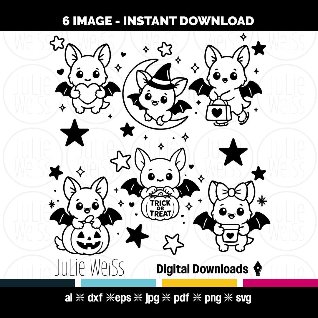 Cute Kawaii Bat Clipart Set Cute Halloween Bats SVG PNG Bundle Chibi ...