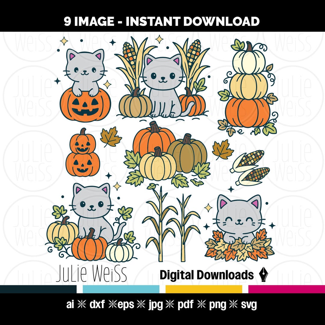 Kawaii Fall Harvest Cat Clipart Set, Cute Autumn Cats With Pumpkins ...