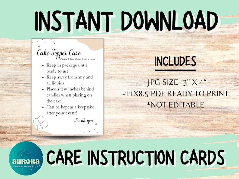 Paper Cake Topper Care Instructions Card: Business Supplies (digital ...
