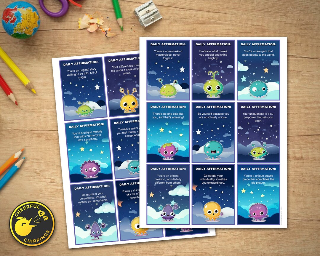 Cute Aliens Self Care Cards for Children, Positive Help Flash Cards ...