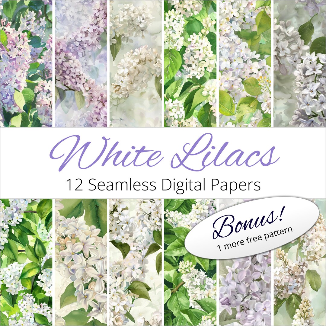 12 Seamless White Lilacs Digital Paper Patterns for Weddings ...