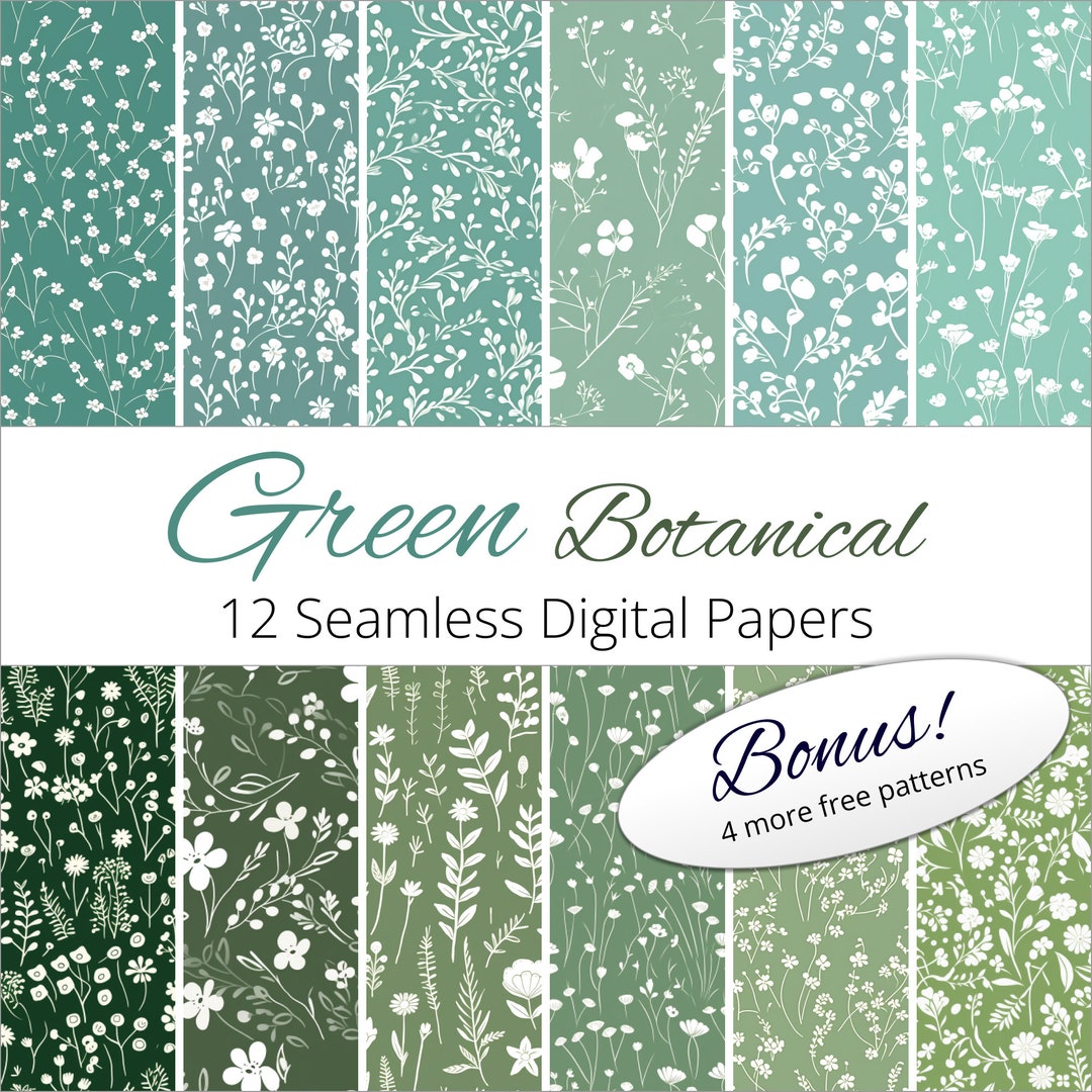 12 Seamless Green Botanical Backgrounds Digital Paper Patterns for ...