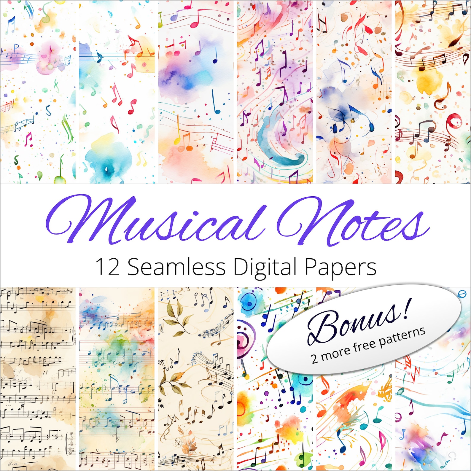 12 Seamless Musical Note Backgrounds Digital Paper Patterns for ...