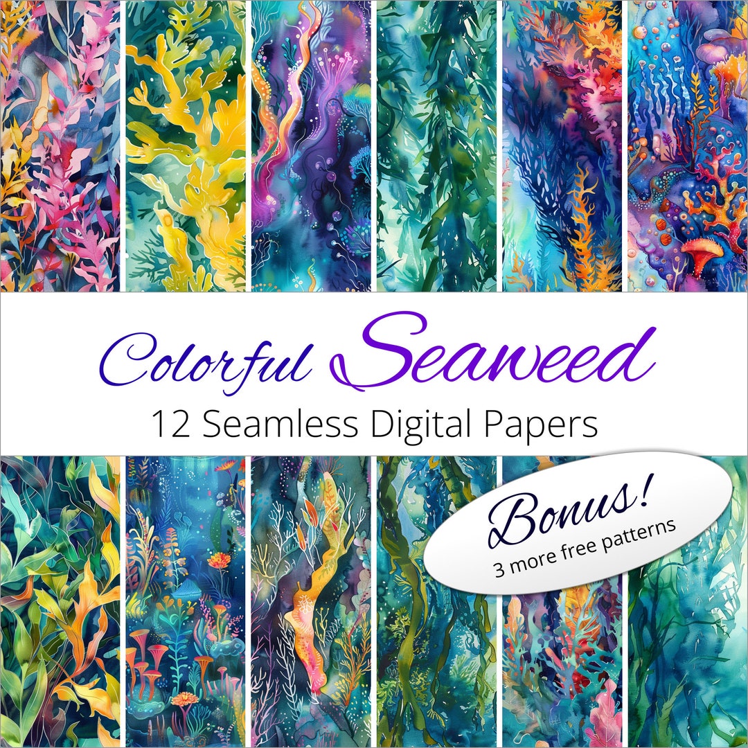 12 Seamless Colorful Seaweed Digital Paper Patterns for Crafts, Digital ...