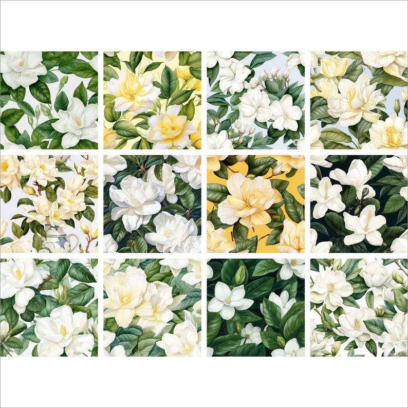 12 Seamless White Gardenia Digital Paper Patterns for Weddings ...
