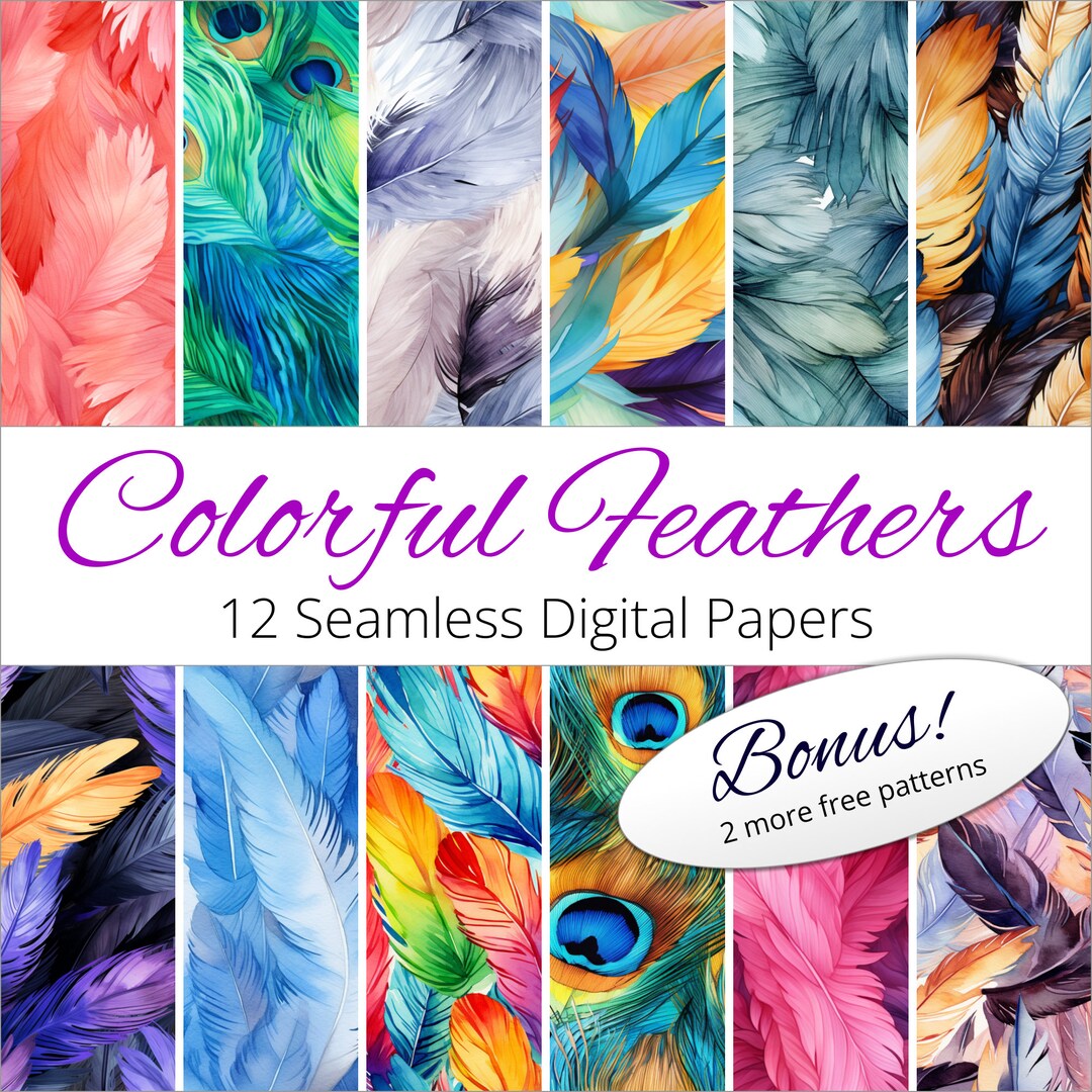 Feather Digital Paper: Colorful Watercolor Patterns (12 Seamless ...