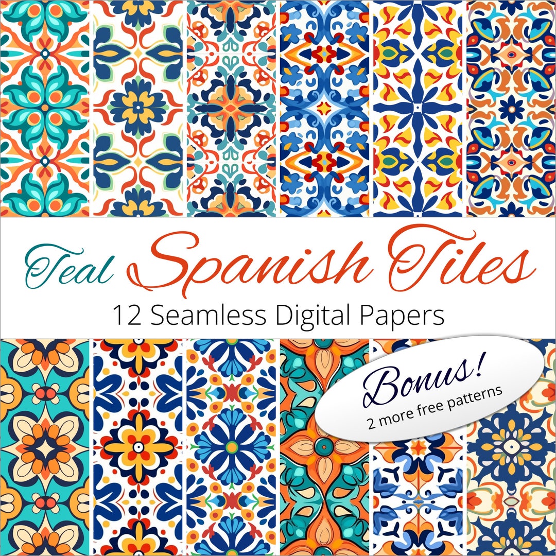 12 Seamless Teal Spanish Tile Backgrounds Digital Paper Patterns for ...