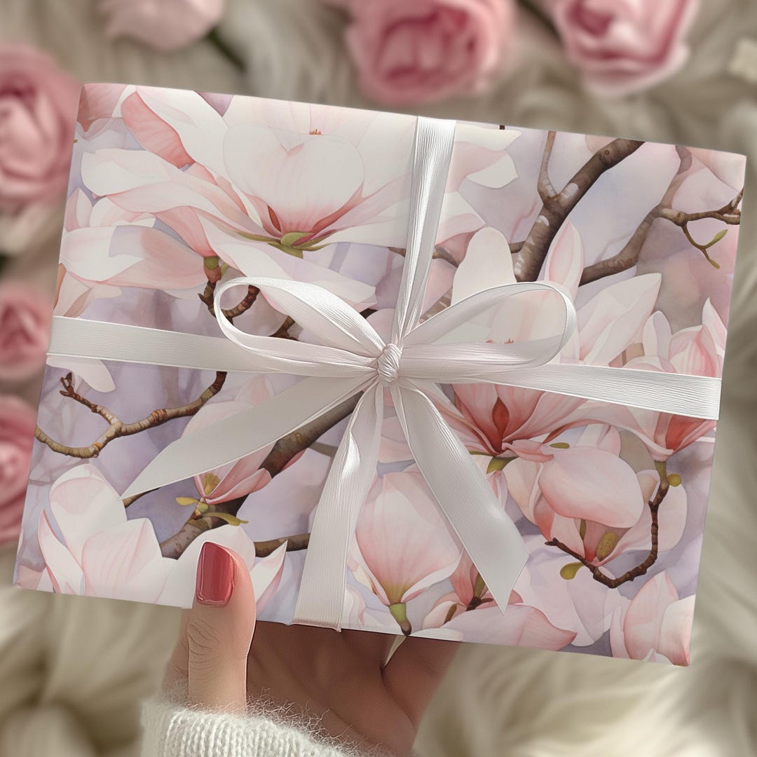 Pink Magnolia Blossom Gift Wrap Roll - Feminine Nature Lover Wrapping ...